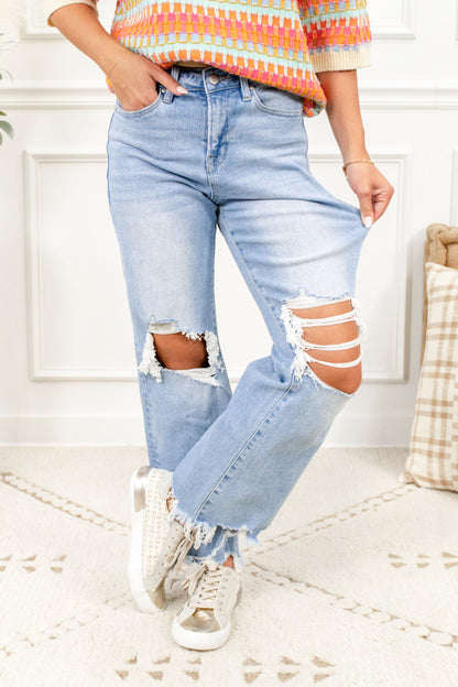 Bad Reputation Distressed Mica Denim Crop Flare Jeans – Charming & Main